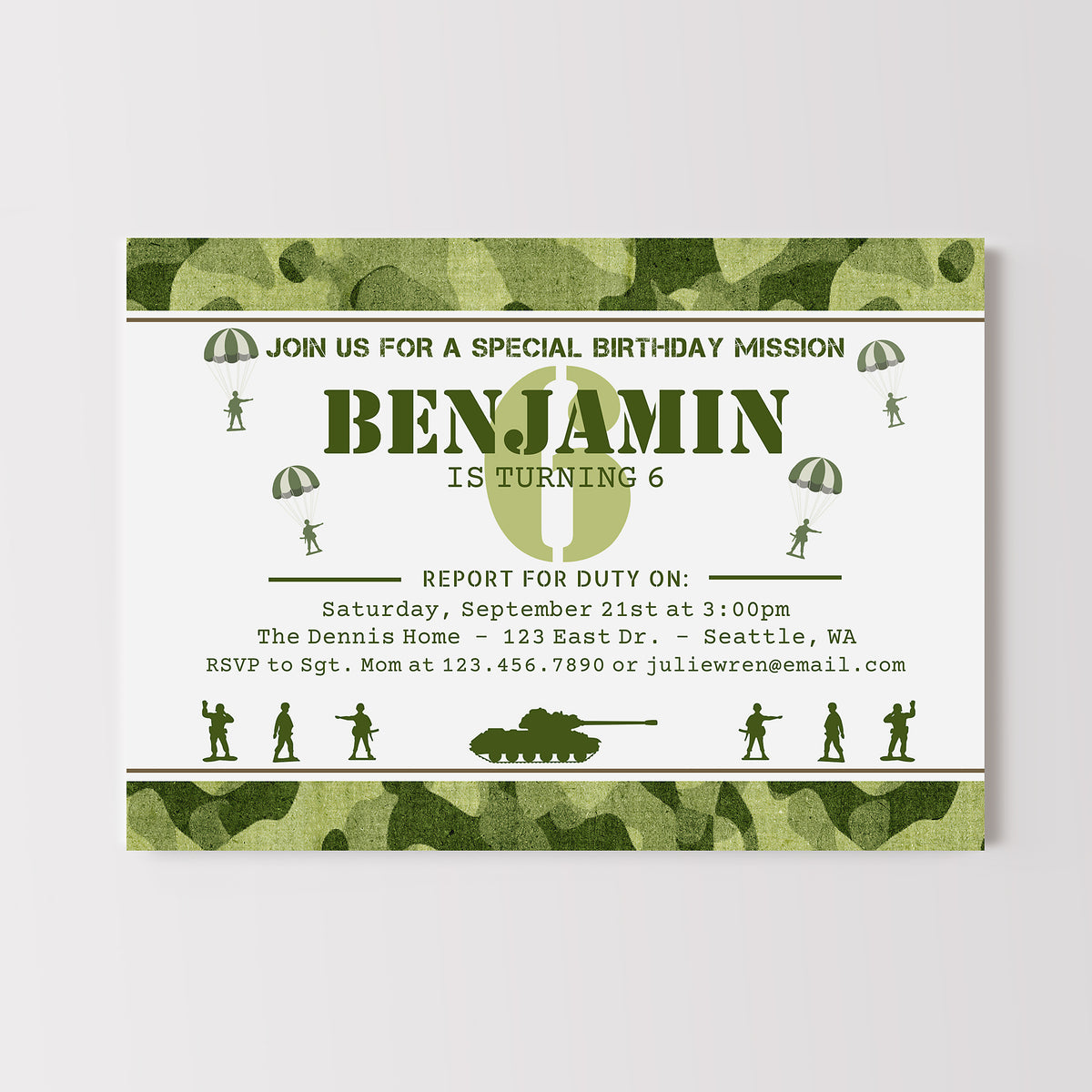 Camo Army Themed Birthday Invitation | Lil' Sprout Greetings